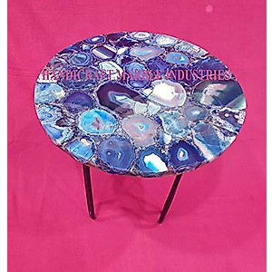 18" Inch Round Blue Agate Coffee Table with Hair Pin Style Metal Base, Agate Round Coffee Table, Agate Side Table Home Decor