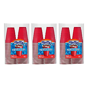 Hefty Party On Disposable Plastic Cups, Red, 18 Ounce, 50 Count (Pack of 3), 150 Total