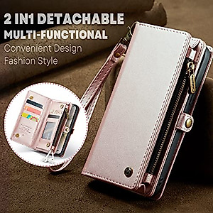 CASEME for iPhone 14 Pro Max Case Wallet Case Cover for Women Men Durable 2 in 1 Detachable Premium Leather with 8 Card Holder Slot Magnetic Zipper Pouch Flip Lanyard Strap Wristlet 6.7 Inch Rose Gold