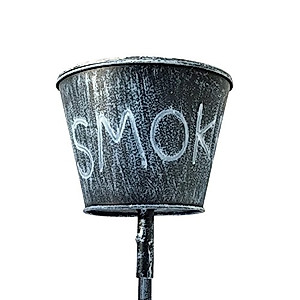 Outdoor Smoke Ashtray, Lidded Bucket on Stake with Prong Post, Garden Party Style, Gray Lacquered Iron, Rustic and Weathered Patina, 6 D x 43 1/4 H Inches