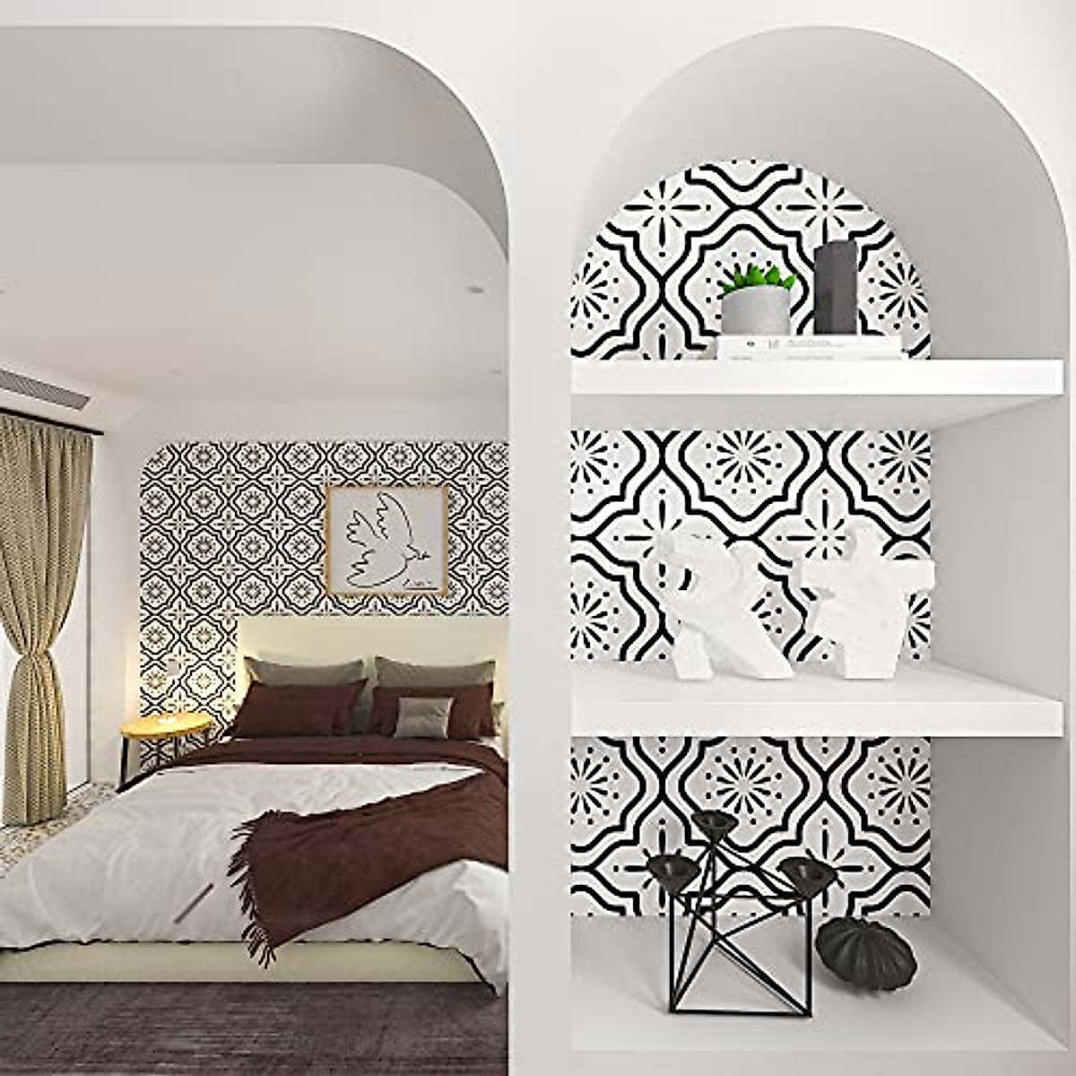 Peel and Stick Wallpaper Boho Contact Paper for Cabinets Black and White Wallpaper for Bedroom Geometric Wallpaper Self-Adhesive Wallpaper Kitchen Wallpaper Drawer Liner Waterproof Vinyl 17.5“×78.7”
