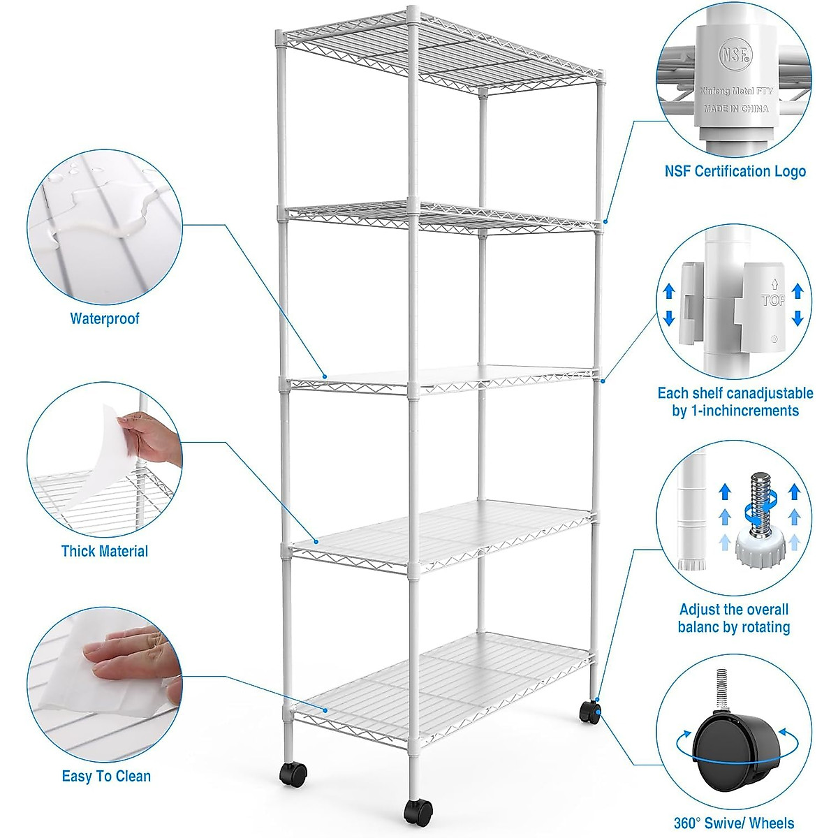 pouseayar Wire Shelving Unit 5 Tier NSF Metal Shelf, 750lbs Capacity Adjustable Storage Rack with Wheels & Shelf Liners for Garage Kitchen Office Bathroom, 60" H x 30" L x 14" D - White Set of 2