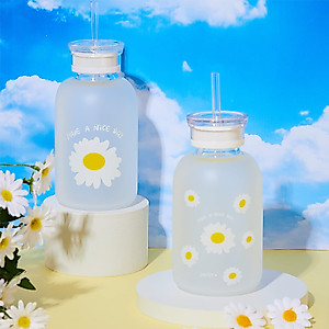 2 Pcs 480 ml 16.9 oz Glass Water Bottles with Scale Portable Water Milk Juice Cup with 4 Lids and 2 Straws Clear Daisy Flower Matte Cute Bottles Creative Cup for Christmas Gifts Women Girls Kids