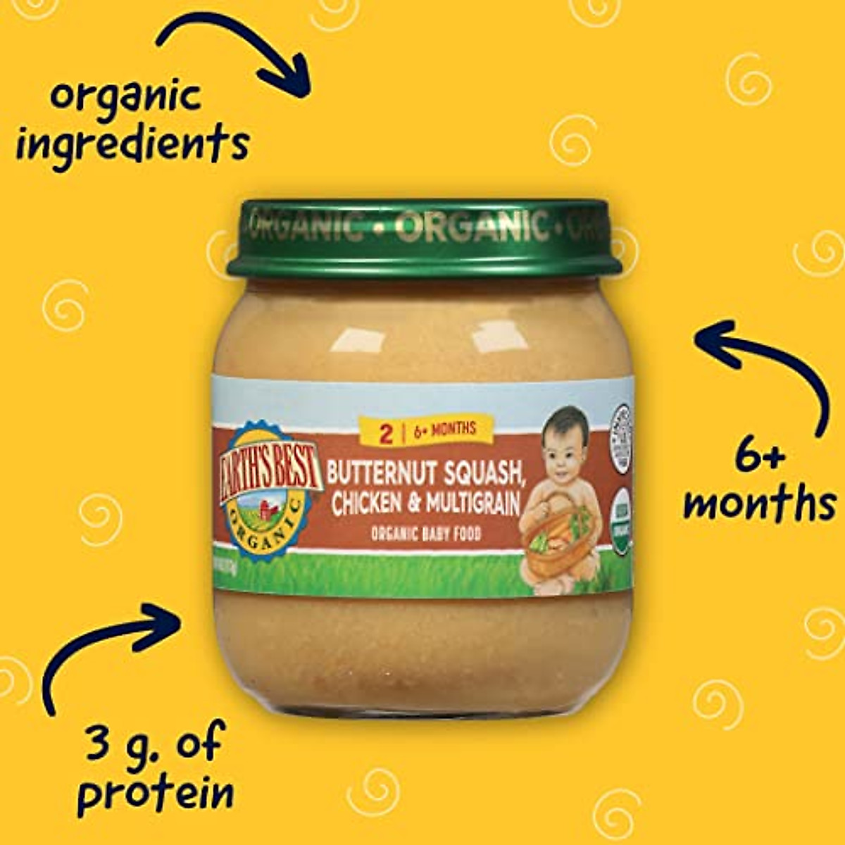 Earth's Best Organic Baby Food Jars, Stage 2 Protein Puree for Babies 6 Months and Older, Organic Butternut Squash Chicken and Multigrain, 4 oz Resealable Glass Jar