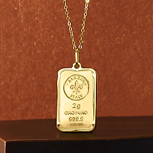 Ross-Simons Italian 24kt Yellow Gold Fleur-De-Lis 2-Gram Ingot Pendant Necklace With 14kt Yellow Gold Frame. 18 inches