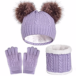 Kids Winter Hat Gloves Scarf Set Knit Beanie for Girls Boys Neck Warmer Thick Fleece Lining Thermal with Cute Pom Pom Purple Warm Cap for 6-10 Years Old Toddler, Gift for Children