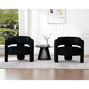 HNY Mid Century Modern Velvet Barrel Accent Chairs Set of 2 Clearance, Comfy Round Upholstered Armchairs with Open Back, Side Club Lounge Arm Chairs for Living Room, Bedroom, Small Spaces, Black