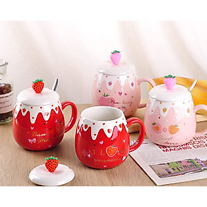 WHJY Pink Female Coffee Cup Mug, Strawberry Korean Lovely Student Ceramic Breakfast Cup with Lid and Spoon – 450ml/15oz, Pink D