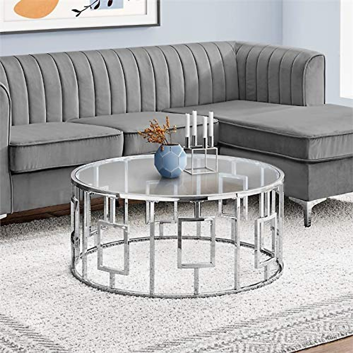 Pemberly Row Glam Contemporary 36" Round Modern Glass Top Accent Coffee Table in Chrome