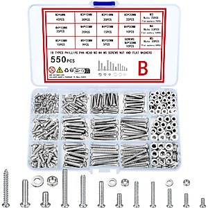 wugongshan 550 Pcs Screws Bolts and Nuts Assortment Kit, Metric Machine Screws and Nuts and Bolts and Flat Washers, M3/M4/M5 Slotted Pan Head Hex Bolts and Nuts Sets (B)