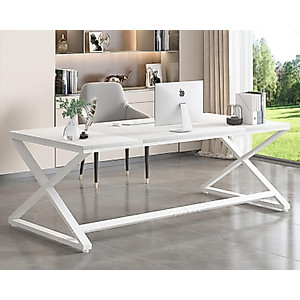 LVB 70.8" Long Desk, Modern Large White Computer Desk for Home Office Work, Wood Metal Computer Table for Writing Study in Bedroom, Simple Gaming Desk for 2 Monitor Workstation, White Oak, 70 in