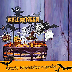 Halloween Party Supplies Cake Toppers, 25PCS Halloween Cupcake Picks Set, Haunted House Cake Decor with Pumpkin Ghost and Skull, Bake Dessert Favors for Halloween Kids Decorations Gift