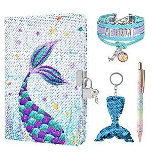 WERNNSAI Mermaid Diary for Girls with Lock - Kids Journals Set Sequins Unique Mermaid Gift for Girls ages 6-8, Travel School Office Notebook Notepad A5 Diary with Ballpoint Pen Bracelet Key-chain