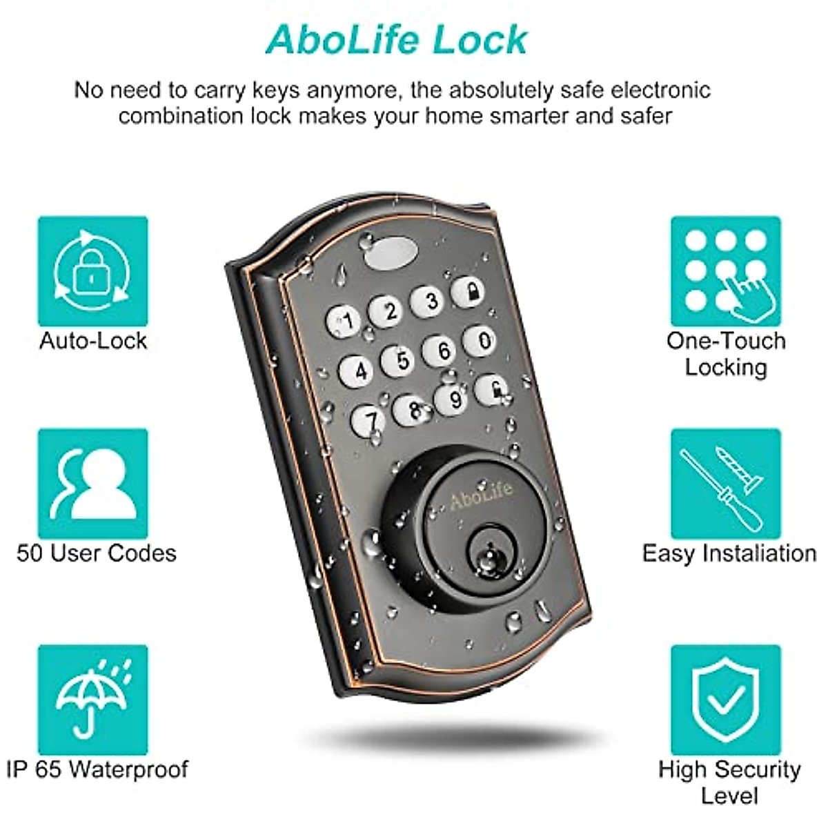 Electronic Keypad Deadbolt, AboLife Keyless Entry Door Lock, Auto Lock, Keyed Entry with Handle, Front Door Handle Sets, Digital Smart Door Lock - Black