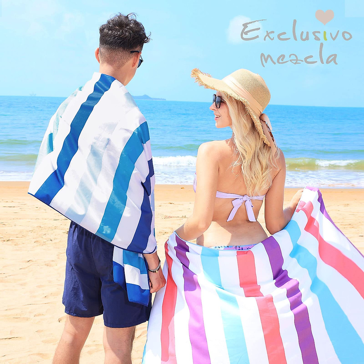 Exclusivo Mezcla Large Microfiber Quick Dry Beach Towel, Lightweight Sand-Free Cabana Stripe Pool Travel Camping Towel with Bag (Blue, 30x60 Inches)