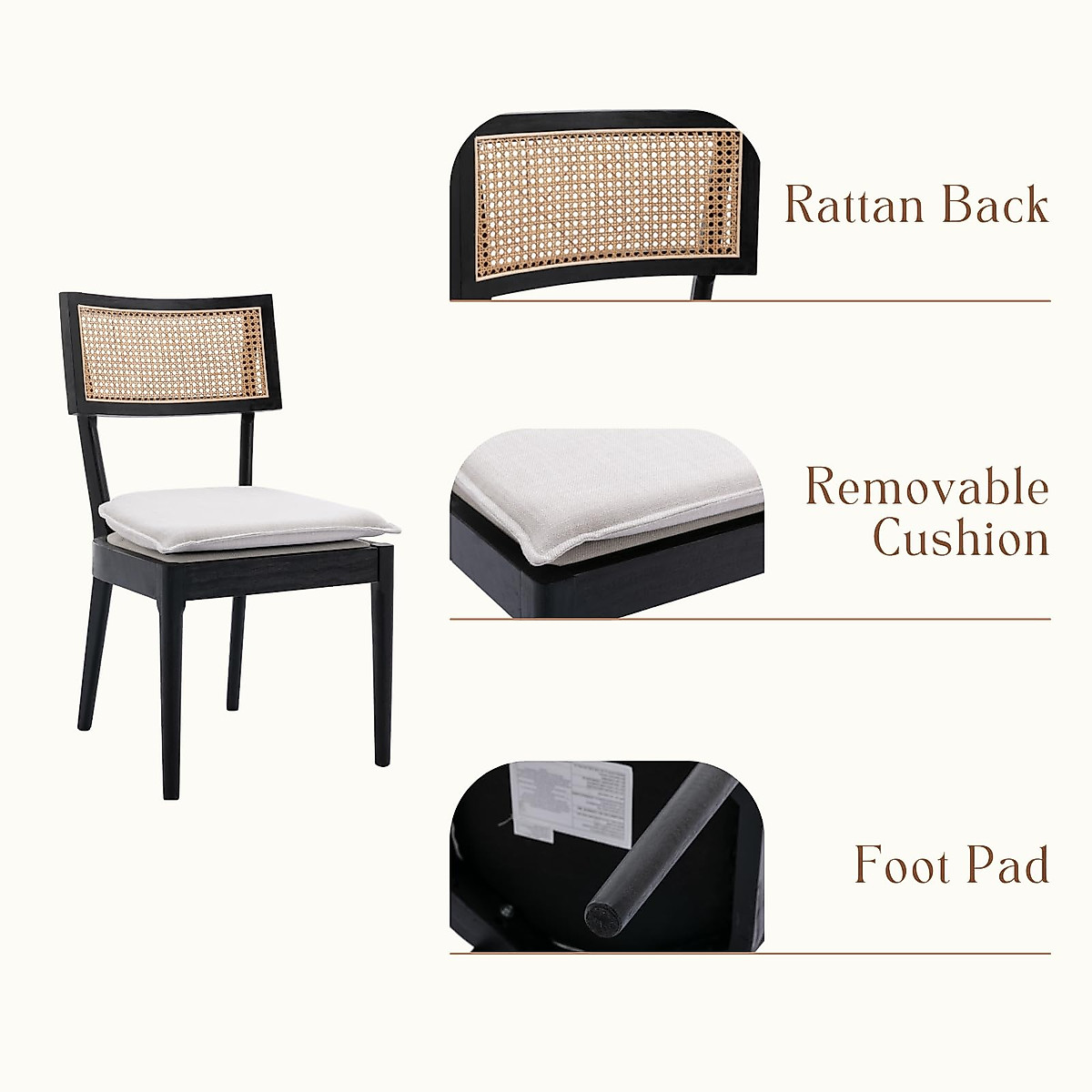 Guyou Black Rattan Dining Chairs Set of 4, Linen Upholstered Farmhouse Dining Chairs with Cane Back, Wood Kitchen Dining Chairs with Removable Cushion, Armless Cane Dining Chair for Dinner Living Room