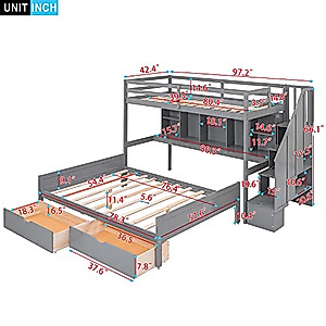 Polibi Twin XL Over Full Bunk Bed with Built-in Storage Shelves, Drawers and Staircase, Solid Wood Bunk Bed Frame with Full Length Guardrail, Grey