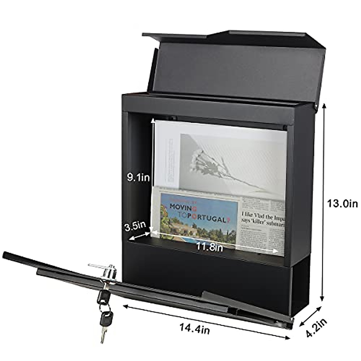 Large Mailbox Wall Mount with Lock, Decaller Modern Mailboxes for Outside, Black, 14.4" x 13" x 4.2"