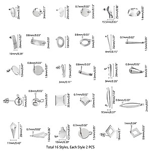 UNICRAFTALE 30pcs 15 Styles Stud Earring Findings 304 Stainless Steel Post Ear Stud Findings with Loop and Ear Nuts 0.7mm/0.8mm Pin Stud Earrings for Women Dangle Earring Making