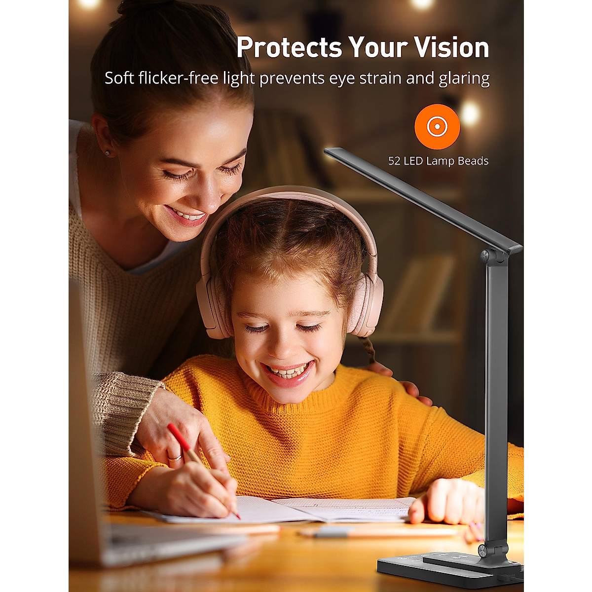 sympa Metal LED Desk Lamp, 12W Desktop Office Lamp, Reading Desk Light with 5V/2A USB Port, 5 Color Temperatures, 6 Brightness Levels, Touch Control for Dorm, Home Office, Bedroom, Living Room Grey