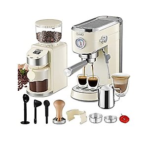 Gevi 20 Bar Compact Professional Espresso Coffee Machine with Milk Frother for Espresso, Latte and Cappuccino Burr Coffee Grinder with 35 Precise Grind Settings, Beige