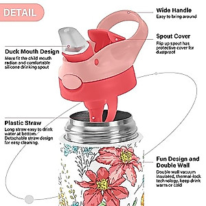 GOODOLD Chic Floral Pattern Kids Water Bottle, Insulated Stainless Steel Water Bottles with Straw Lid, 12 oz BPA-Free Leakproof Duck Mouth Thermos for Boys Girls