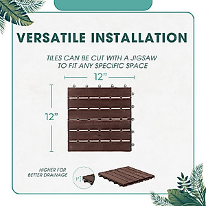 Idzo Interlocking Deck Tiles - 10PCS Waterproof Acacia Wood Patio Tiles, Flooring Tiles for Both Indoor and Outdoor - Decking Stripe Pattern, Dark Brown, 12 x 12 x 0.9 inches