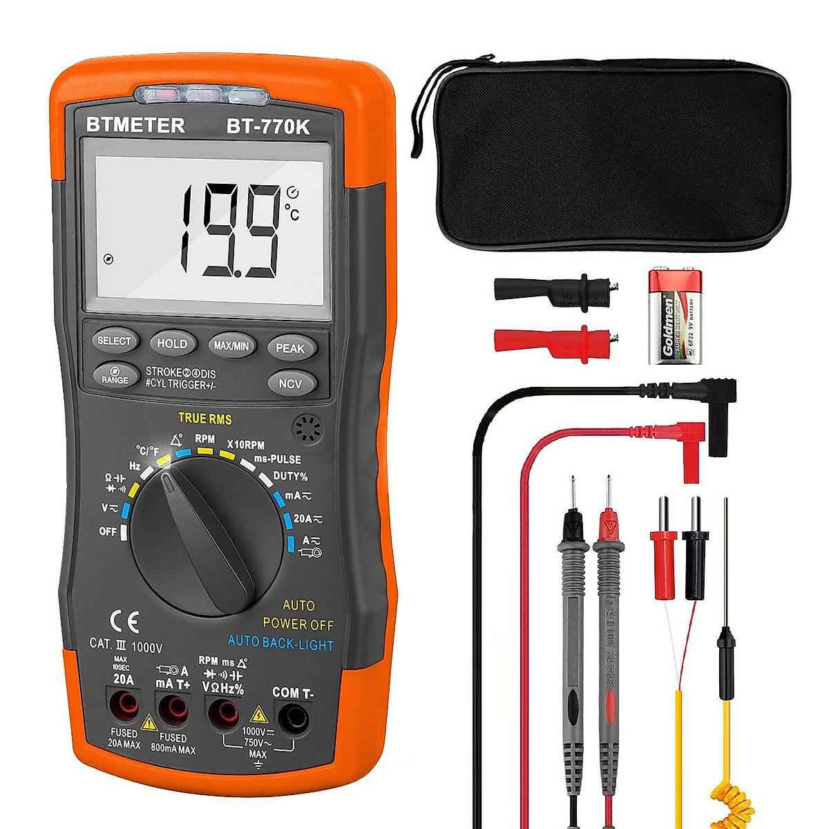 BTMETER BT-770K Auto Ranging Automotive Multimeter for Dwell Angle Pulse Width Tach Temperature Duty Cycle Voltage Current Resistance Test