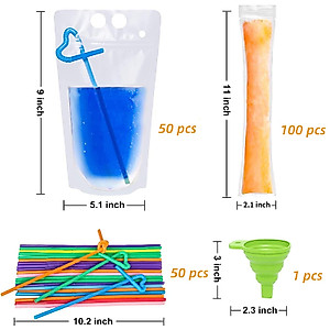 150 Pcs Drink Pouches and Popsicle Bags with Straws, 100 Pcs Smoothie Ice Pop Bags, 50 Pcs Hand-Held Reusable Drink Pouches for Adults 50 Pcs Straws Funnel for Cool Summer Party, Cold Hot Drinks