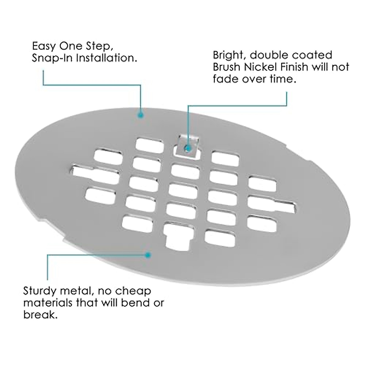 4 ¼” Snap-in Shower Drain Grate - Brushed Nickel - Replacement Cover - VHI - Handyman Designed & Tested in America - 100% Brass - Will Never Bend or Break