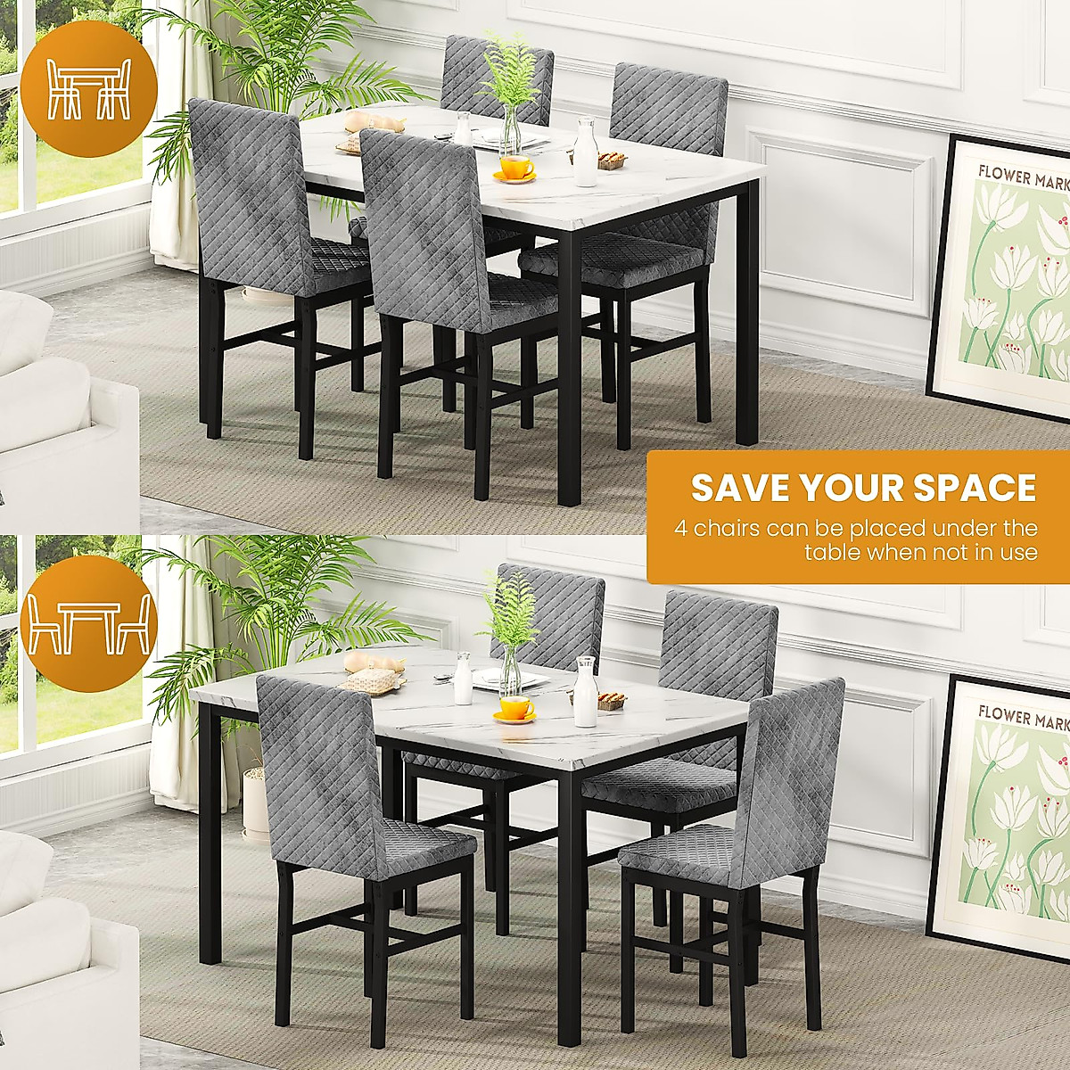 Recaceik Dining Table Set for 4, Kitchen Table and Chairs Set of 4, Faux Marble Dinner Table Set with 4 Upholstered Velvet Chairs, Dining Room Table Set for Kitchen Dining Room (White & Grey)