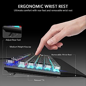 Fiodio Mechanical Gaming Keyboard, LED Rainbow Gaming Backlit, 104 Anti-ghosting Keys, Quick-Response Black Switches, Multimedia Control for PC and Desktop Computer, with Removable Hand Rest