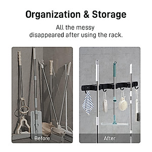 AACGIN Mop and Broom Holder Wall Mount Stainless Steel Broom Hanger Wall Mount 3 Racks with 4 Hooks Broom Holder Wall Mount for Kitchen Garden Laundry Garage - Black