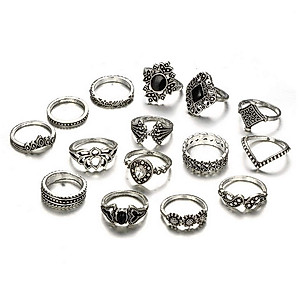 Vinzar Boho Rings Silver Stackable Finger Rings Set Black Onyx Knuckle Joint Midi Ring Jewelry Sunflower Crystal Vintage Hand Accessories for Women
