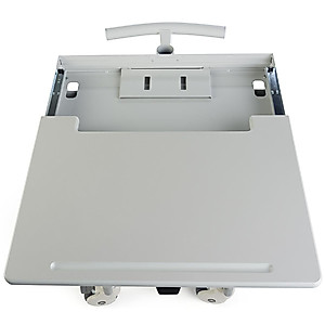 Displays2go Mobile Desk with Monitor Display & Keyboard Tray, Locking Wheels, Steel, Plastic, MDF – Gray (DWMDC1M)
