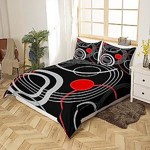 Red Black Grey Comforter Cover Twin Geometric Circle Pattern Bedding Set For Kids Boys Teen Adults,Abstract Simple Geometry Duvet Cover Modern Round Lines Bed Set Farmhouse Home Room Decor 2 Pcs