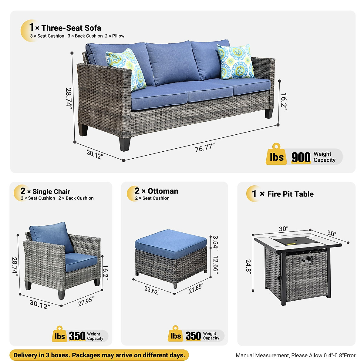 ovios Patio Furniture Set, 6 Pieces Outdoor Conversation Set with 30 Inch Gas Fire Pit Table Modern Wicker Rattan Sofa Set with Comfortable Cushion, Ottomans, Denim Blue