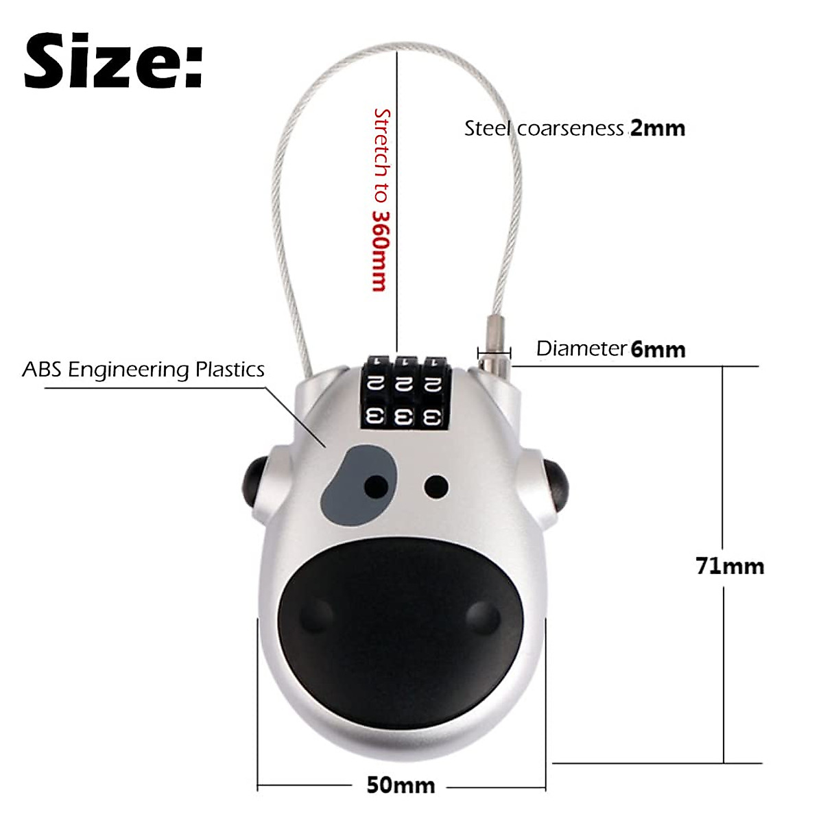 Hometu Cartoon Combination Cable Lock - Retractable Steel Cable Bike Lock with 3-Digit Password Resettable for Bicycle Travel Outdoor Silver 1Pc/Set