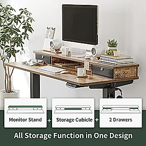 FEZIBO Height Adjustable Electric Standing desk with Double Drawer, 48 x 24 Inch Table with Storage Shelf, Sit Stand Desk with Splice Board, Black Frame/Rustic Brown Top, 48 inch