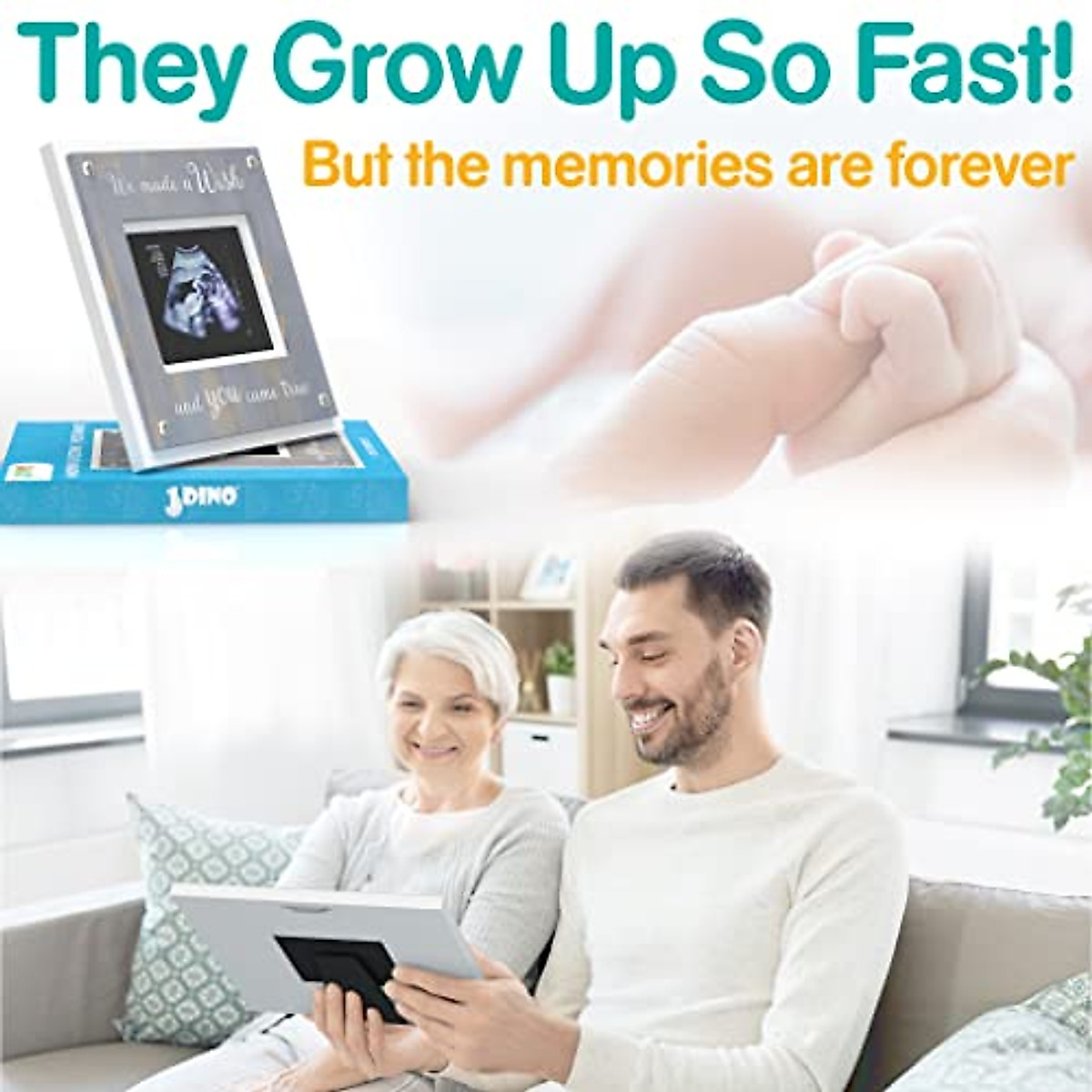 1Dino Premium Baby Sonogram Keepsake Picture Frame, Ultrasound Frame - 8.5" x 8.5" White/Grey Wood Photo Frame - Gift Idea for Expecting Parents, Baby Shower, First Time Mom/Dad Gifts, Nursery Decor