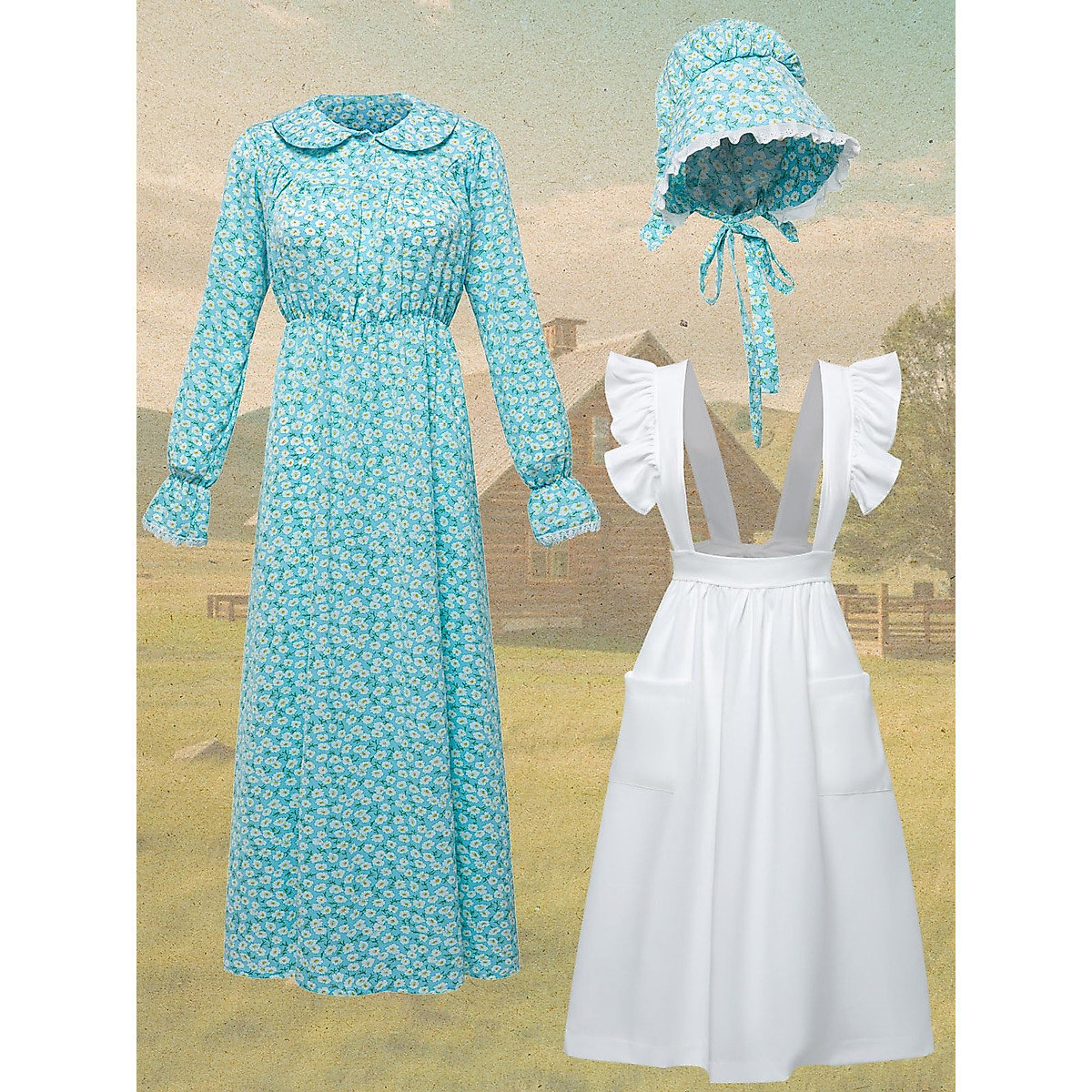 FORTMAC Pioneer Dress Women-Prairie Dress Women 1800s Amish Colonial Dress Women Bonnet Apron Blue S