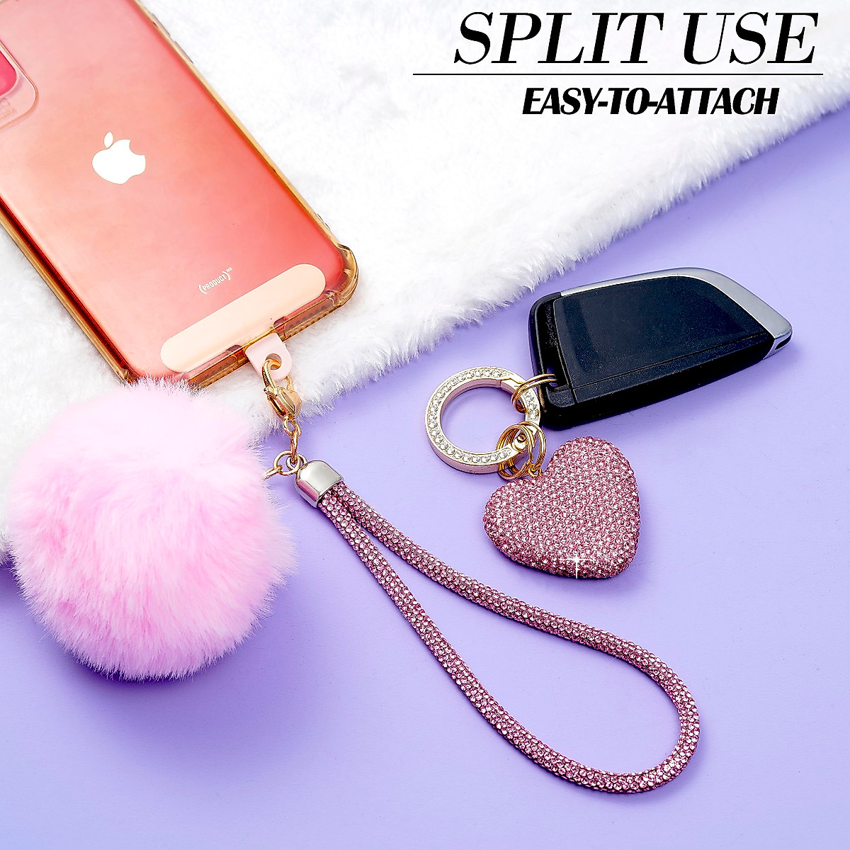 HONYJOOM Pink Heart Keychains for Women, Cute Bling Wristlet Accessories Girly Aesthetic Key Chain Charms for Car Keys, Backpack Puff Ball