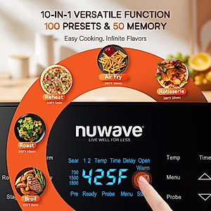 Nuwave Brio 15.5Qt 10-IN-1 Air Fryer Rotisserie Oven, XL Family Size, Even & Crisp AirFry, Reheat, Roast, Dehydrate for Quick Meals, 50°-425°F Control, 100 Presets & 50 Memory, Dishwasher-Safe, 1800W