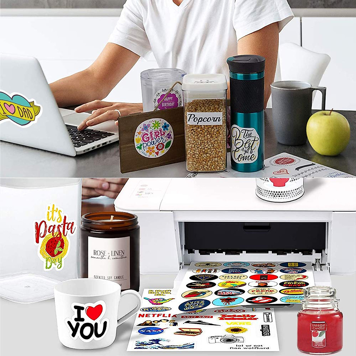 Premium Printable Vinyl Sticker Paper 8.5"x11" for Inkjet Printer - 30 Sheets Matte White Waterproof,Self-Adhesive, Dries Quickly Vivid Colors, Holds Ink Well- Tear Resistant - Inkjet & Laser Printer