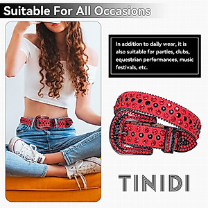 TINIDI Men Women Rhinestones Belt Western Bling Diamond Crystal Studded Leather Belt For Jeans Pants (46: fits waist from 34"-36", Red-Black)