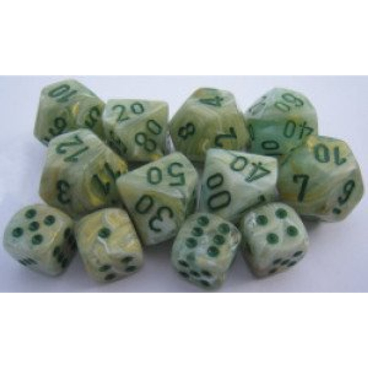 Chessex Dice Sets: Marble Green Multi-Color Swirl with Dark Green Pips - Ten Sided Die d10 Set (10)