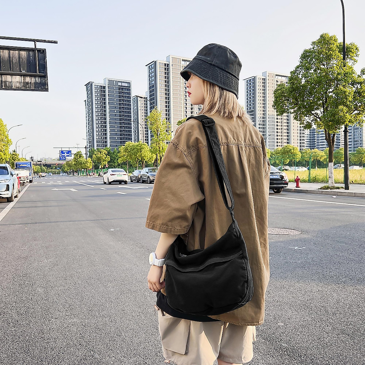 Canvas Messenger Bag Large Hobo Crossbody Bag with Zipper Casual Shoulder Tote Handbag for Women and Men (Black)