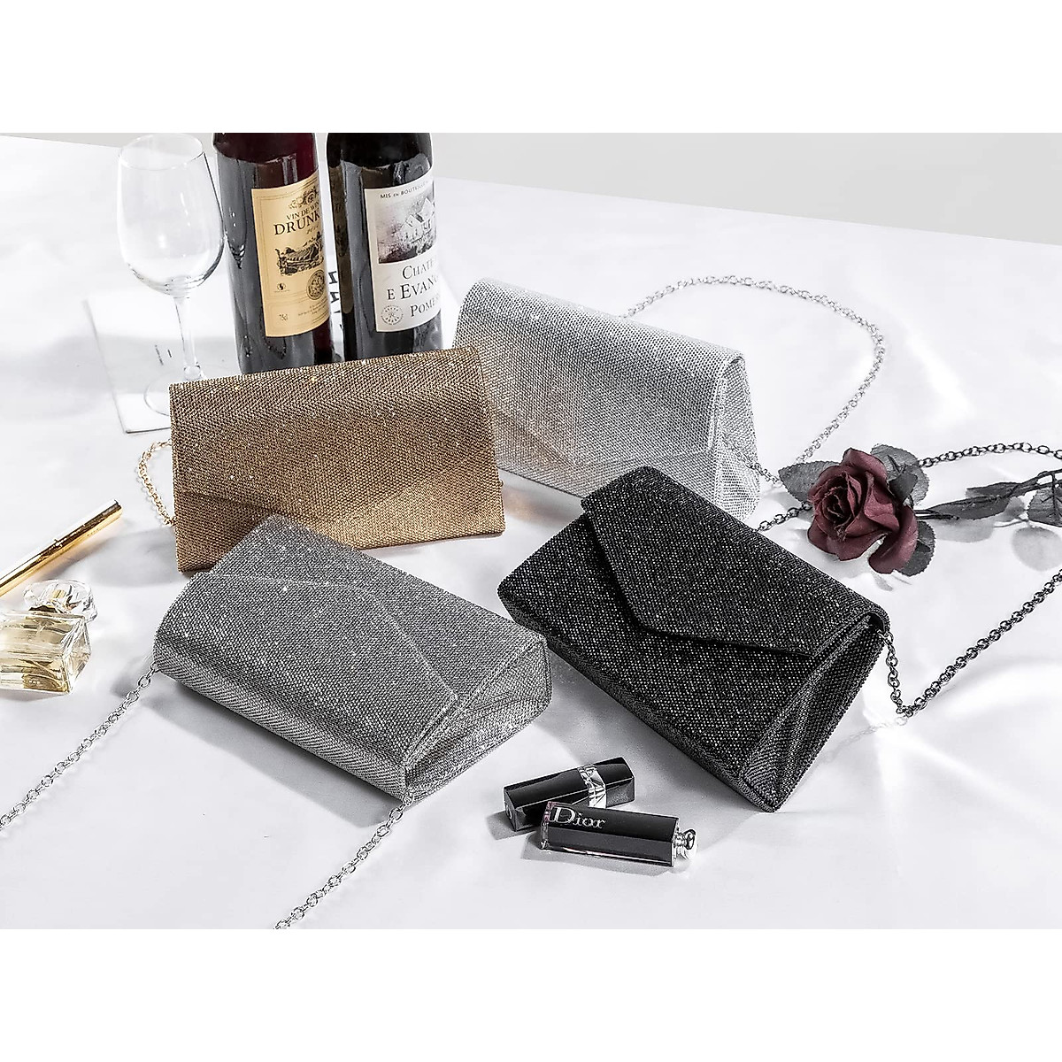 GEGELE Women's Sparkly Evening Bags Glitter Rhinestone Clutch Purse for Party Prom Wedding (Silver)