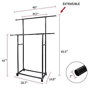 Fishat Simple Standard 2 Double Rod Clothing Metal Garment Rack for Hanging Clothes, Rolling Clothes Organizer on Lockable Wheels Mobile (Black)