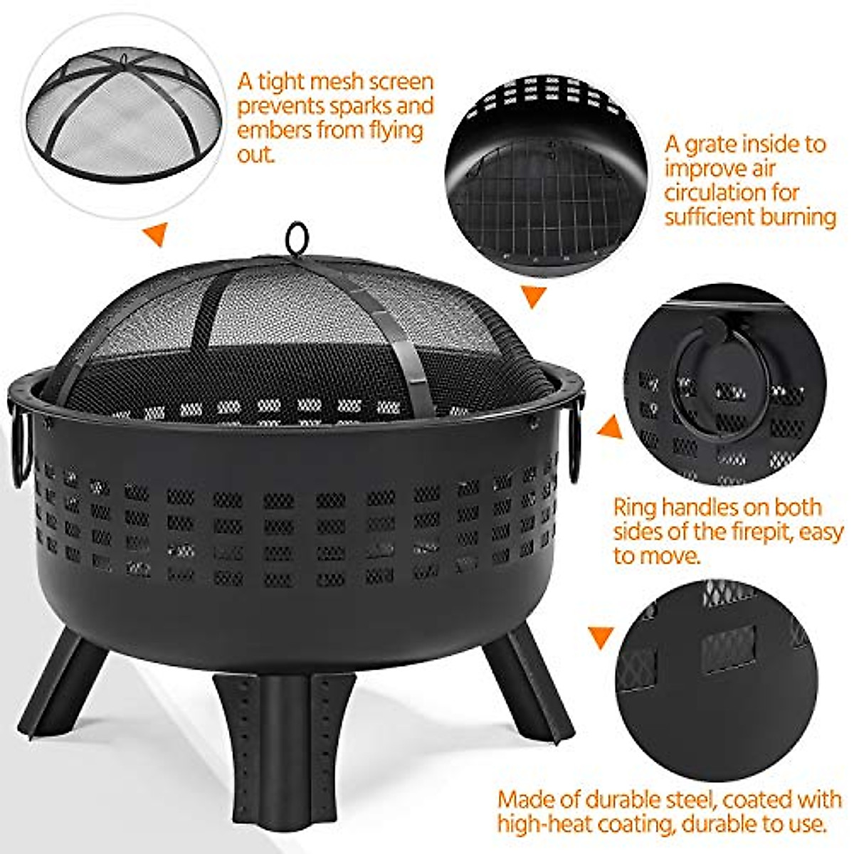 Topeakmart Fire Pit Fireplace Portable Firepit Iron Brazier Wood Burning Coal Pit Fire Bowl Stove with Spark Screen for Outside Camping Patio Garden Backyard 25in Black